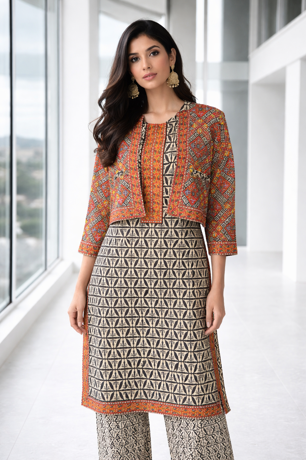 Luxury Ajrak-Inspired Co-Ord Set with Statement Jacket – RUHKÉ